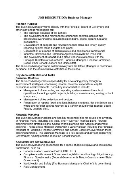 JOB DESCRIPTION Business Manager Kings Baptist Grammar job-description-business-manager-kings-baptist-grammar
