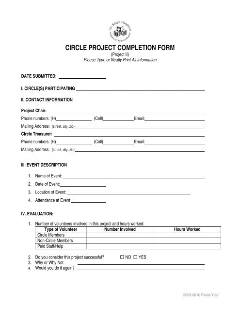 CIRCLE PROJECT COMPLETION FORM - The King's Daughters