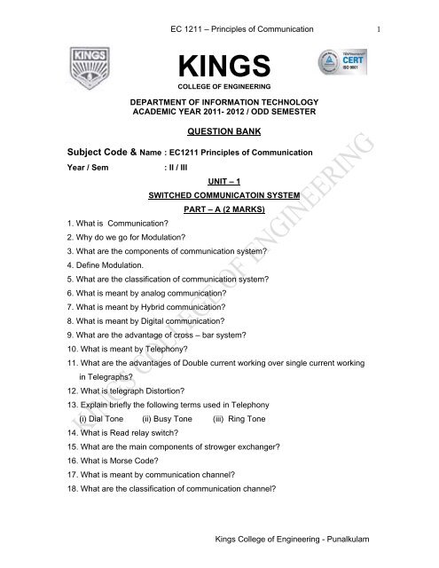 QUESTION BANK - Kings College of Engineering