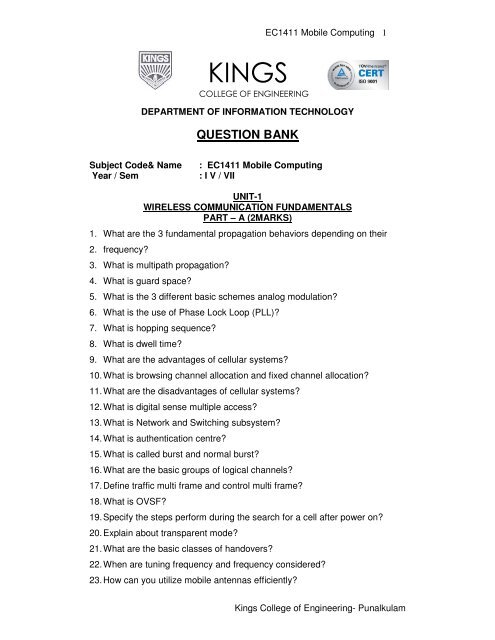 QUESTION BANK - Kings College of Engineering