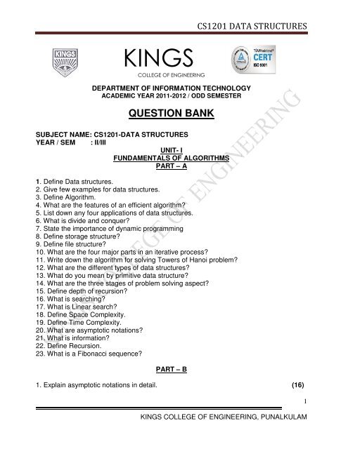 cs1201-data structures - Kings College of Engineering