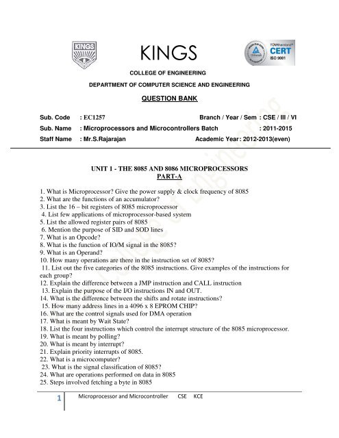 microprocessors and microcontrollers - Kings College of Engineering