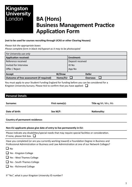 BA (Hons) Business Management Practice Application Form