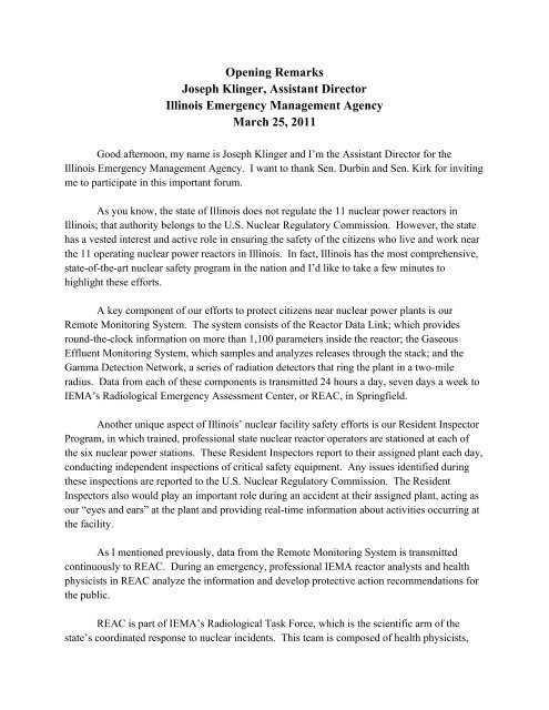 Opening Remarks Joseph Klinger, Assistant Director Illinois ...