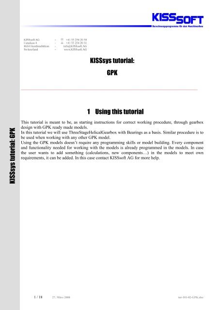 KISSsys tutorial: GPK 1 Using this tutorial KISSsys ... - KISSsoft AG