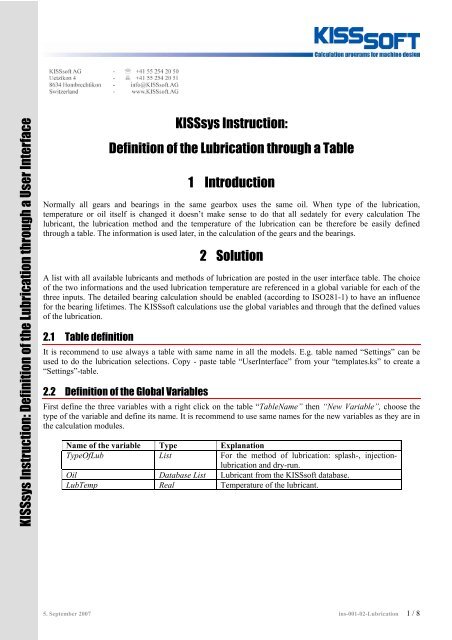 KISSsys Instruction: Definition of the Lubrication through a Table 1 ...