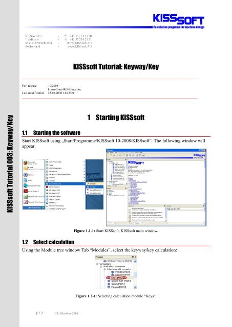 KISSsoft Tutorial: Keyway/Key 1 Starting KISSsoft K ISSsoft Tutorial ...