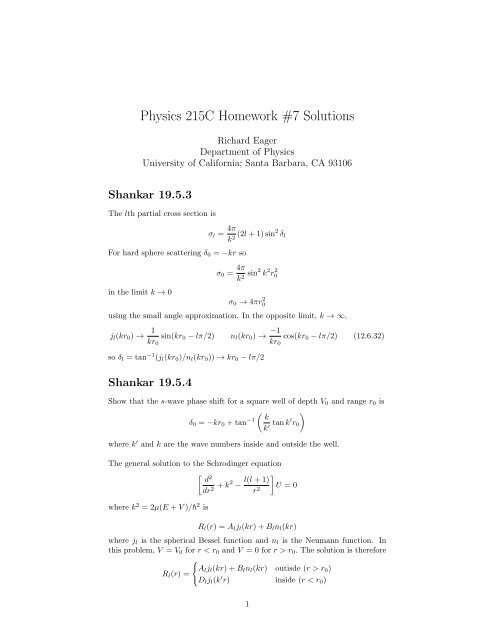 Physics 215C Homework #7 Solutions - KITP - University of ...