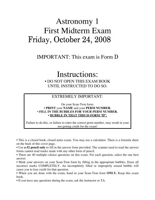 Astronomy 1 First Midterm Exam Friday, October 24, 2008 ... - KITP
