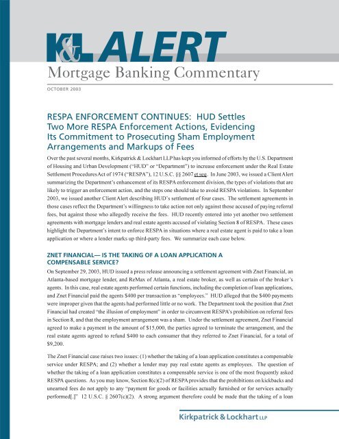 RESPA ENFORCEMENT CONTINUES - K&L Gates