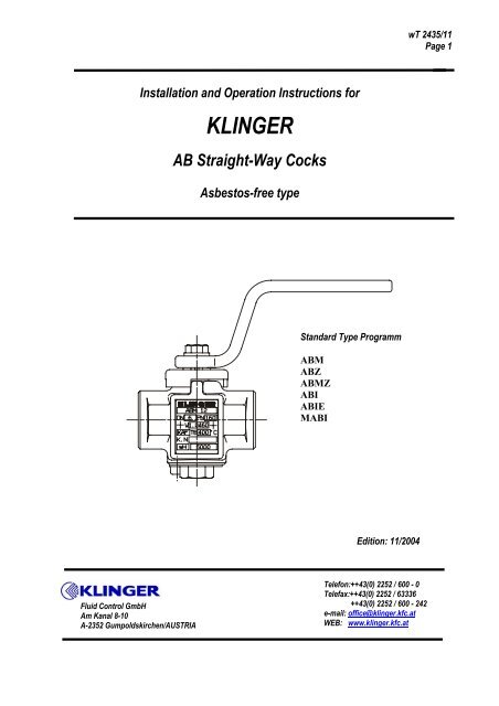 Installation and Operation Instructions for KLINGER AB Straight-Way ...
