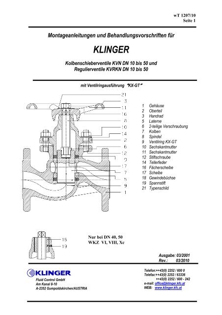 Montageanleitungen und Behandlungsvorschriften fÃ¼r KLINGER
