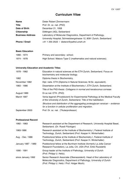 Curriculum Vitae - Institut für Klinische Pathologie Curriculum Vitae - Institut für Klinische Pathologie