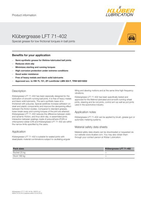 Kl bergrease LFT 71-402 - KlÃ¼ber Lubrication