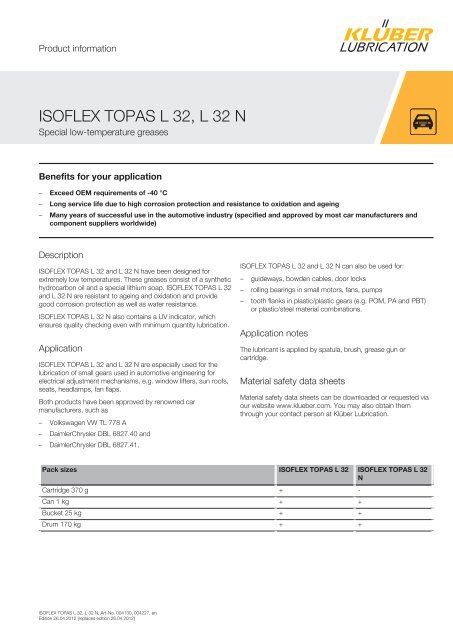 ISOFLEX TOPAS L 32, L 32 N - KlÃ¼ber Lubrication