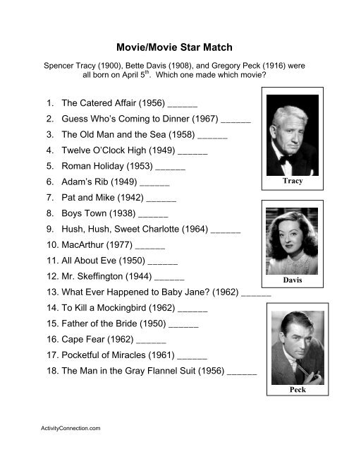 Movie/Movie Star Match Answers - Activity Connection