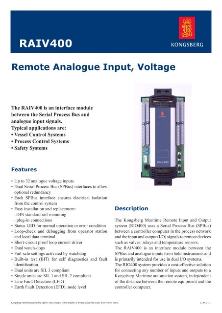 Remote Analogue Input, Voltage, RAIV400 - Kongsberg Maritime