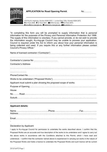 2013 - 2014 Application for Road Opening Permit form - Ku-ring-gai ...