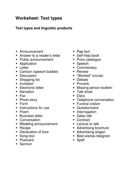 Worksheet: Text types - KMK-Projekt Format