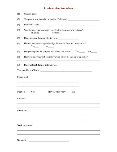 Pre-Interview Worksheet - Knowitall.org