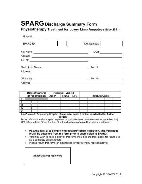 SPARG Discharge Summary Form Physiotherapy Treatment for ...