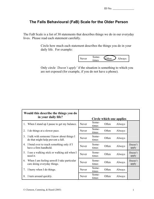 The Falls Behavioural (FaB) Scale for the Older Person
