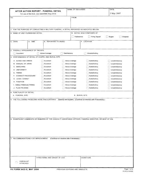 Fort Knox Form 3433-E: After Action Report - Funeral Detail