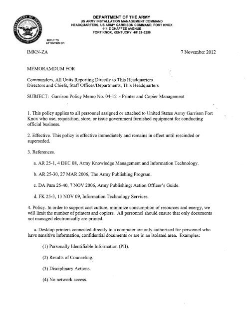Printer and Copier Management - Fort Knox - U.S. Army