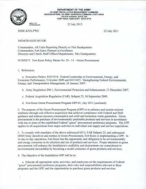 Green Procurement - Fort Knox - U.S. Army