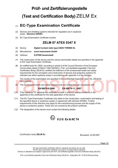 Prüf- und Zertifizierungsstelle (Test and Certification Body) ZELM Ex