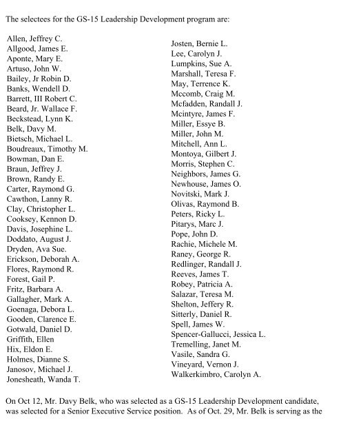 The selectees for the GS-15 Leadership ... - Air Force Link