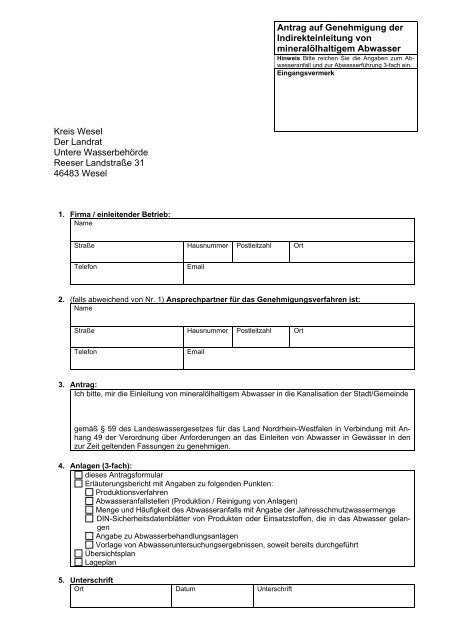 Antrag auf Genehmigung der Indirekteinleitung von ... - Kreis Wesel