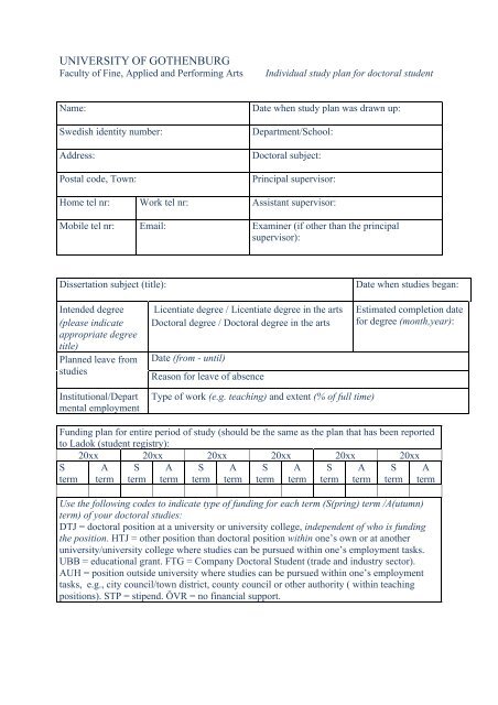Individual study plan, University of Gothenburg