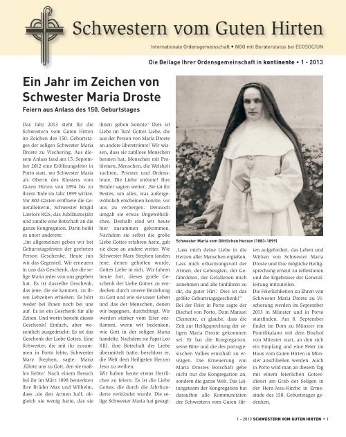 Ein Jahr im Zeichen von Schwester Maria Droste - Kontinente