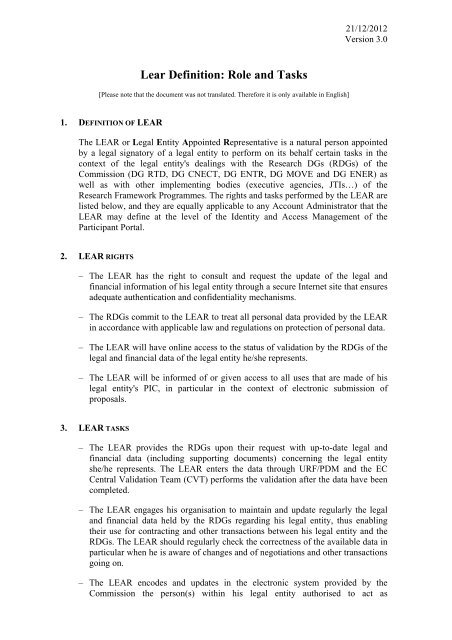 Lear Definition: Role and Tasks - Europa