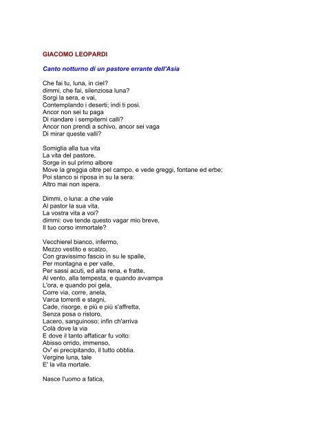 GIACOMO LEOPARDI Canto notturno di un pastore errante dell'Asia ...