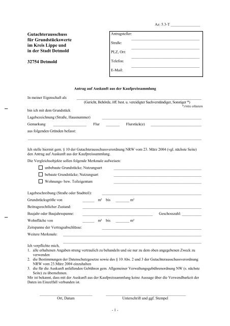 Antrag auf Auskunft aus der Kaufpreissammlung - Kreis Lippe