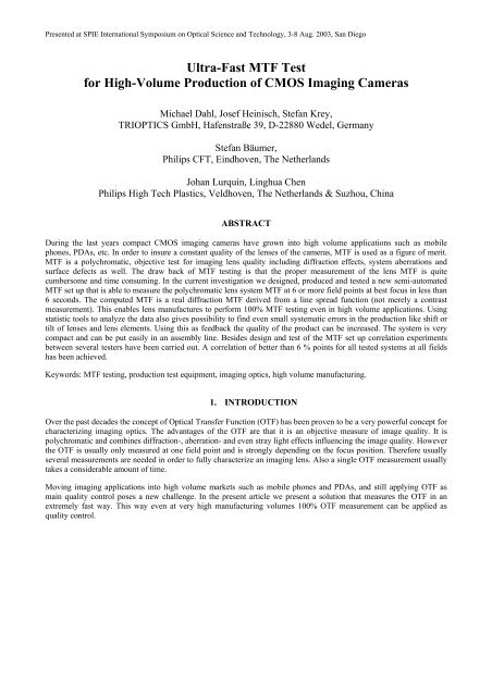 Ultra-Fast MTF Test for High-Volume Production of CMOS Imaging ...