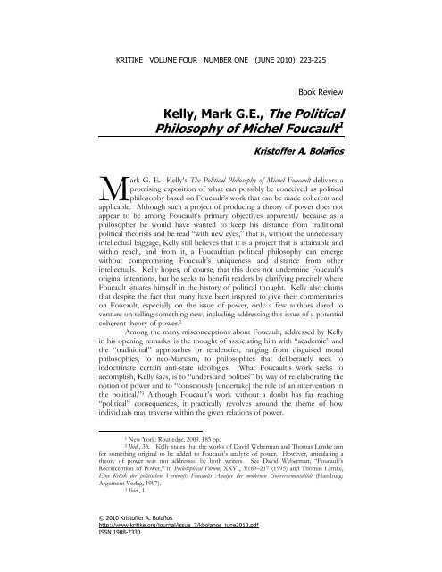 Kelly, Mark G.E., The Political Philosophy of Michel Foucault