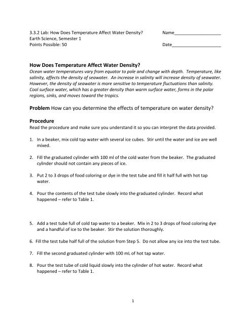 How Does Temperature Affect Water Density? Problem How can ... How Does Temperature Affect Water Density? Problem How can ...