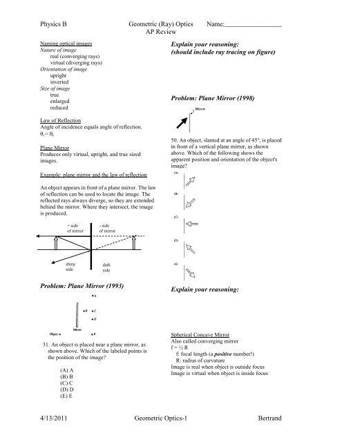Physics B Geometric (Ray) Optics Name