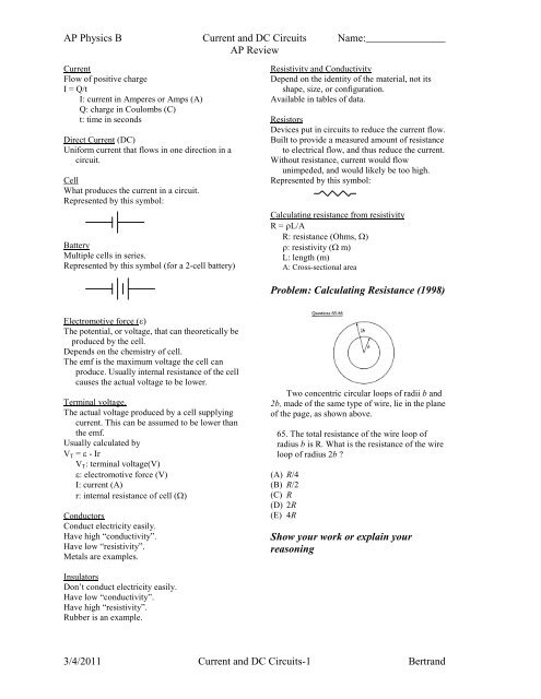 AP Physics B Current and DC Circuits Name