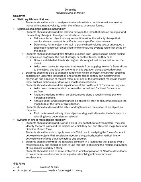 Dynamics - Newton's Force Laws Notes