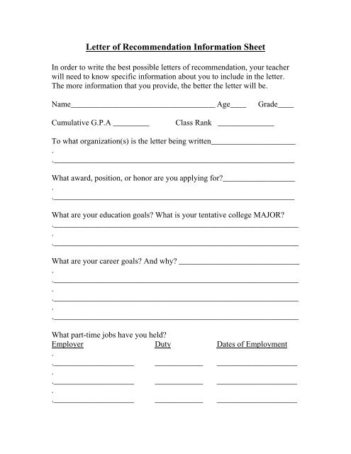 Letter of Recommendation Information Sheet Letter of Recommendation Information Sheet