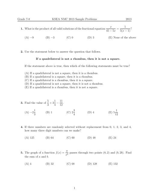Grade 7-8 KSEA NMC 2013 Sample Problems 2013 1. What is the ...