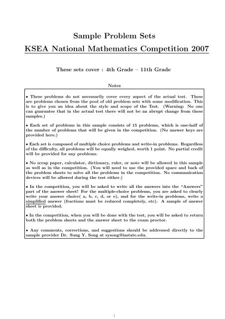 Sample Problem Sets KSEA National Mathematics ... - KSEA-NE