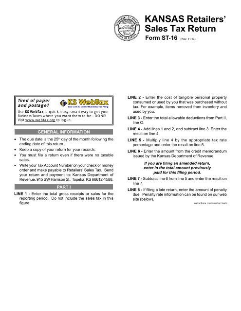 Retailers' Sales Tax Return (ST-16) - Kansas Department of Revenue