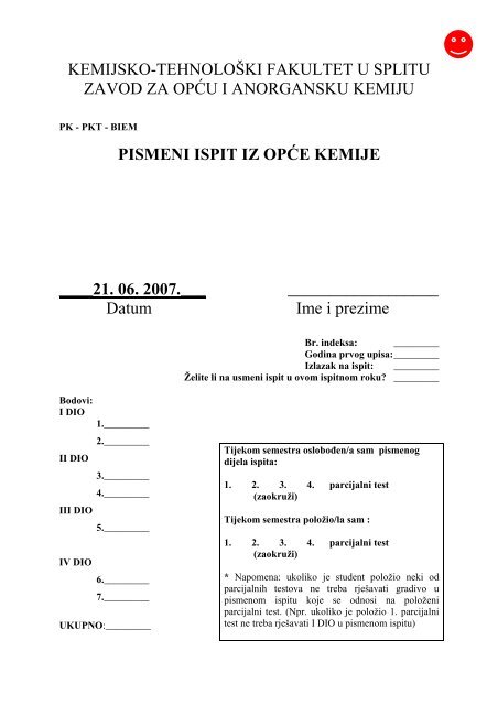 Primjer pismenog ispita iz opÄ e kemije s rjeÅ¡enjima - Kemijsko ...