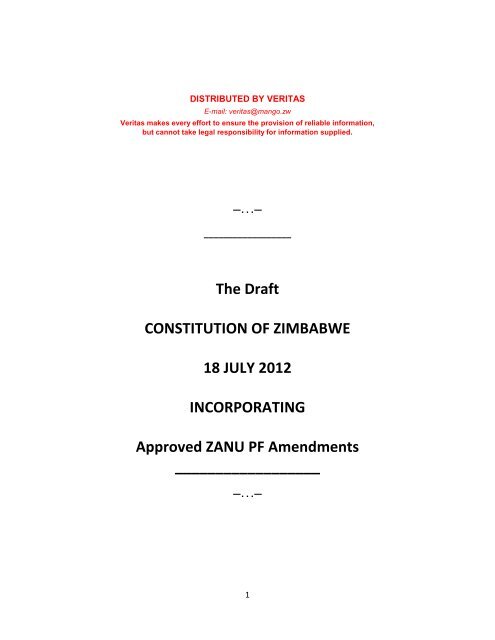 The Draft CONSTITUTION OF ZIMBABWE 18 JULY 2012 ... - Kubatana