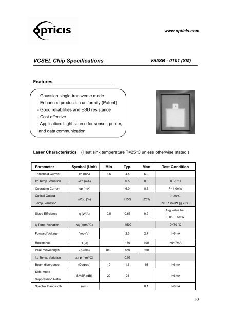 VCSEL Chip Specifications - opticis.com